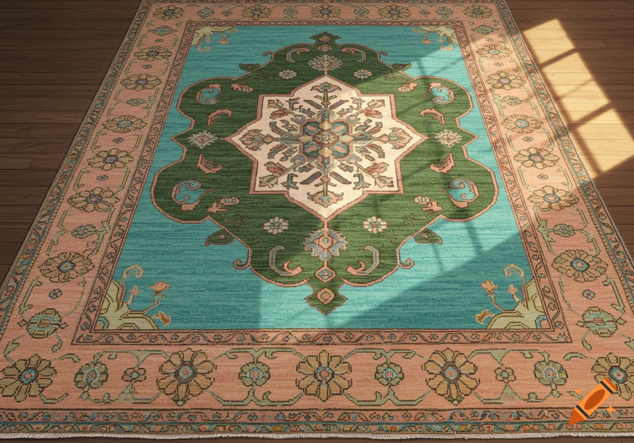 A vibrant Turkish rug with intricate green, turquoise, and orange-pink ...