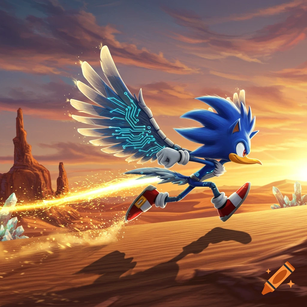 Blue Sonic-like roadrunner character with glowing mechanical wings runs ...