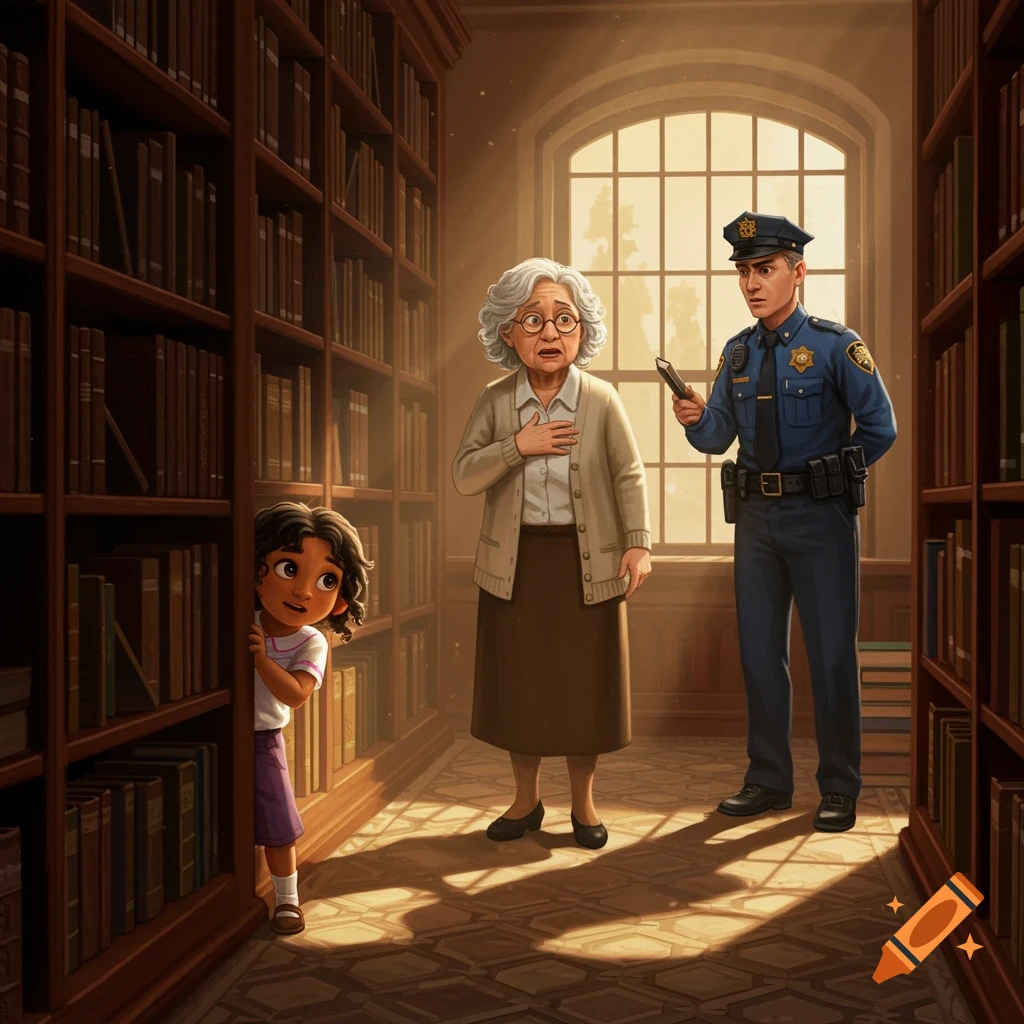 Illustration of a police officer confronting an elderly librarian in a ...