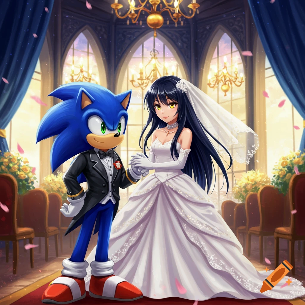 Anime style image of Sonic the Hedgehog in a tuxedo holding hands with ...