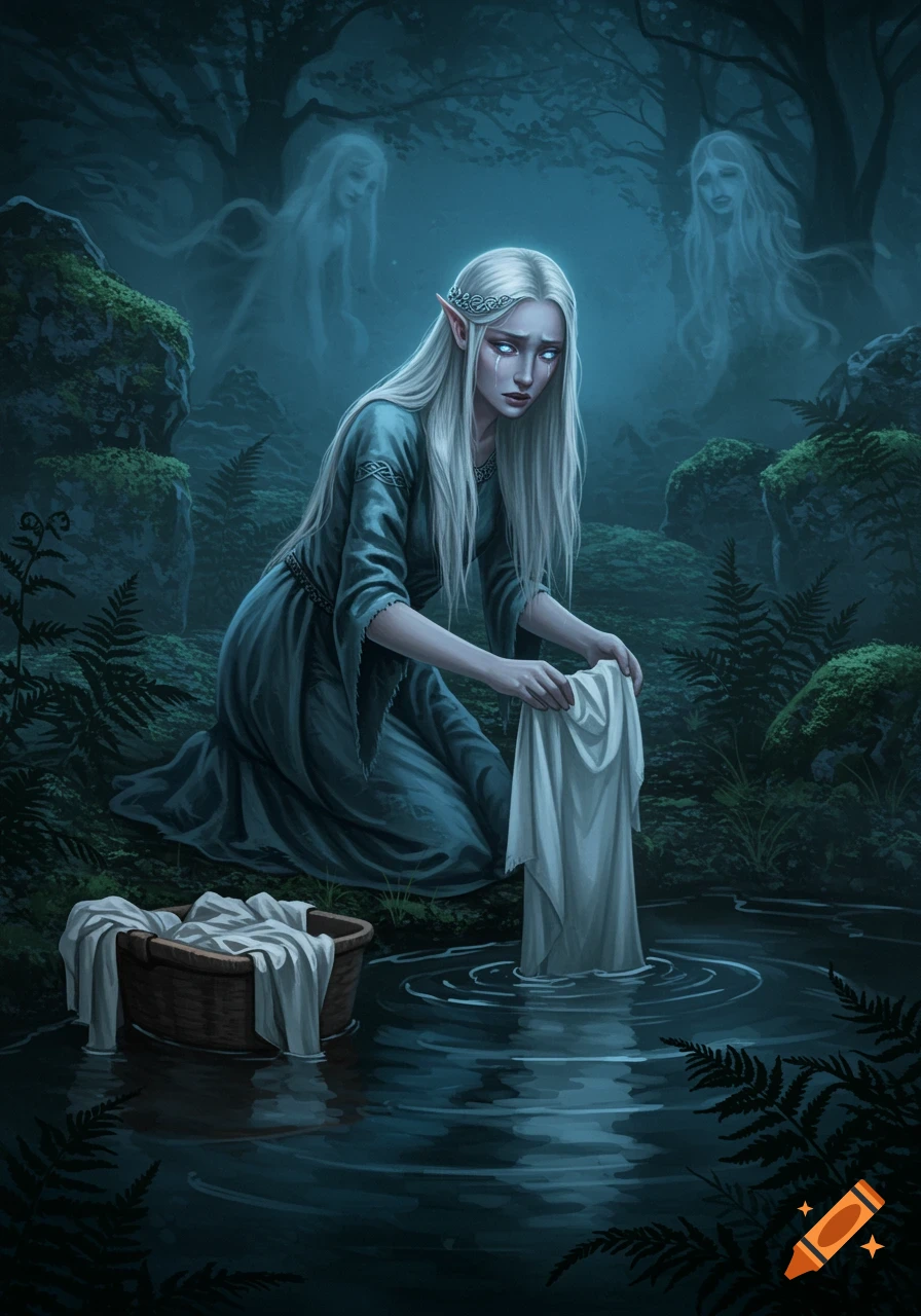 A male elf with long green hair and glowing eyes, partially submerged ...