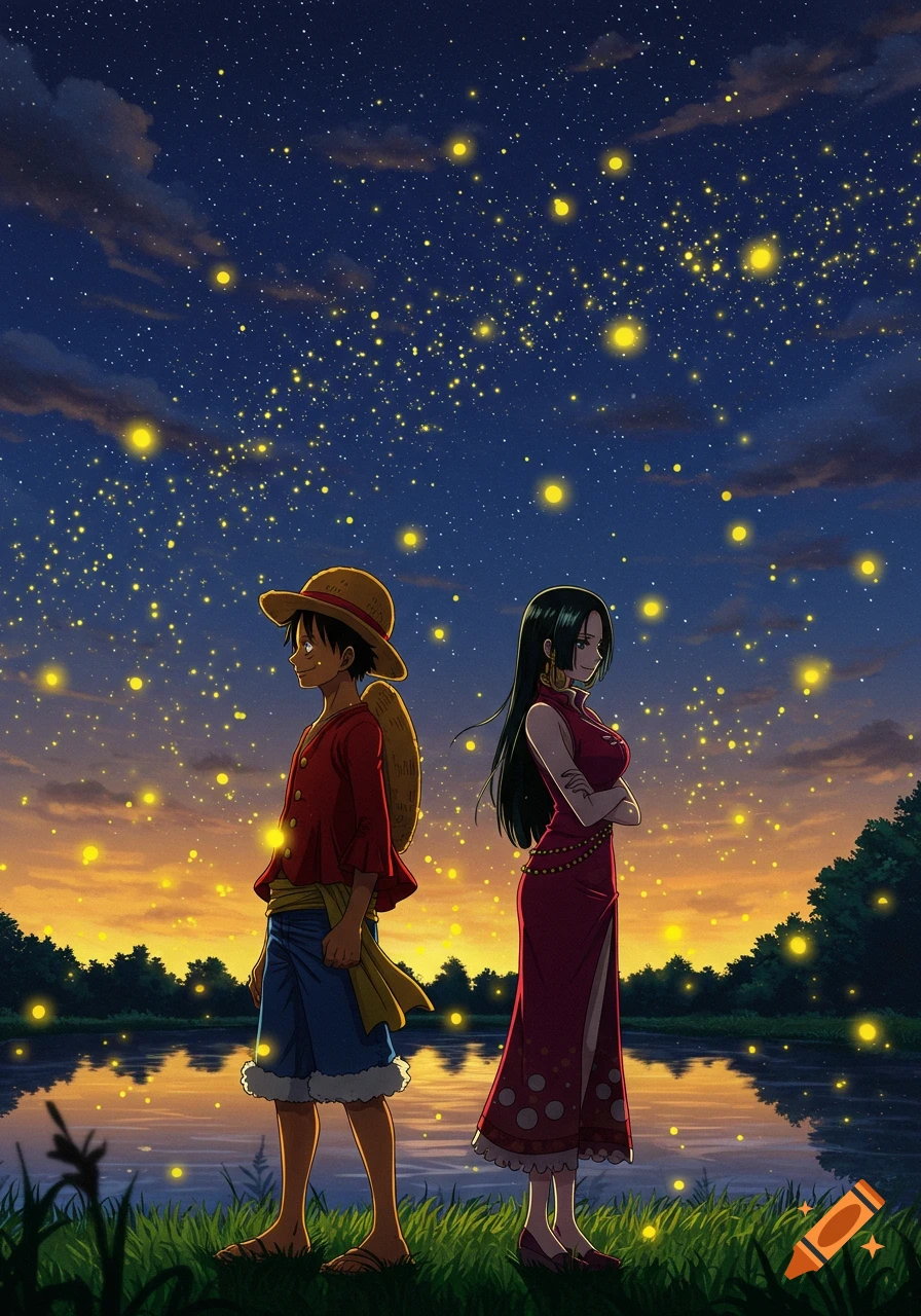 Luffy and Hancock from One Piece stand by a reflective lake under a ...
