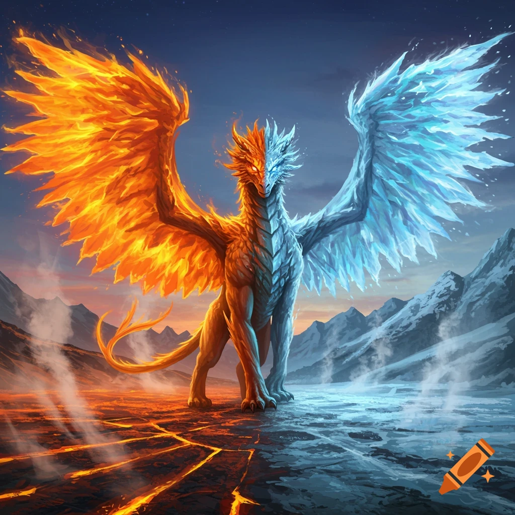 A majestic fire and ice dragon stands on a split landscape of lava and snow under a starry sky ...