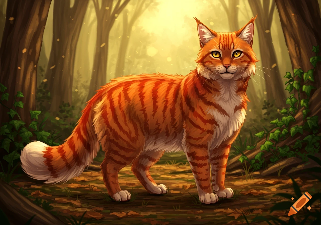 A digitally painted ginger tabby cat with amber eyes and a bushy tail ...