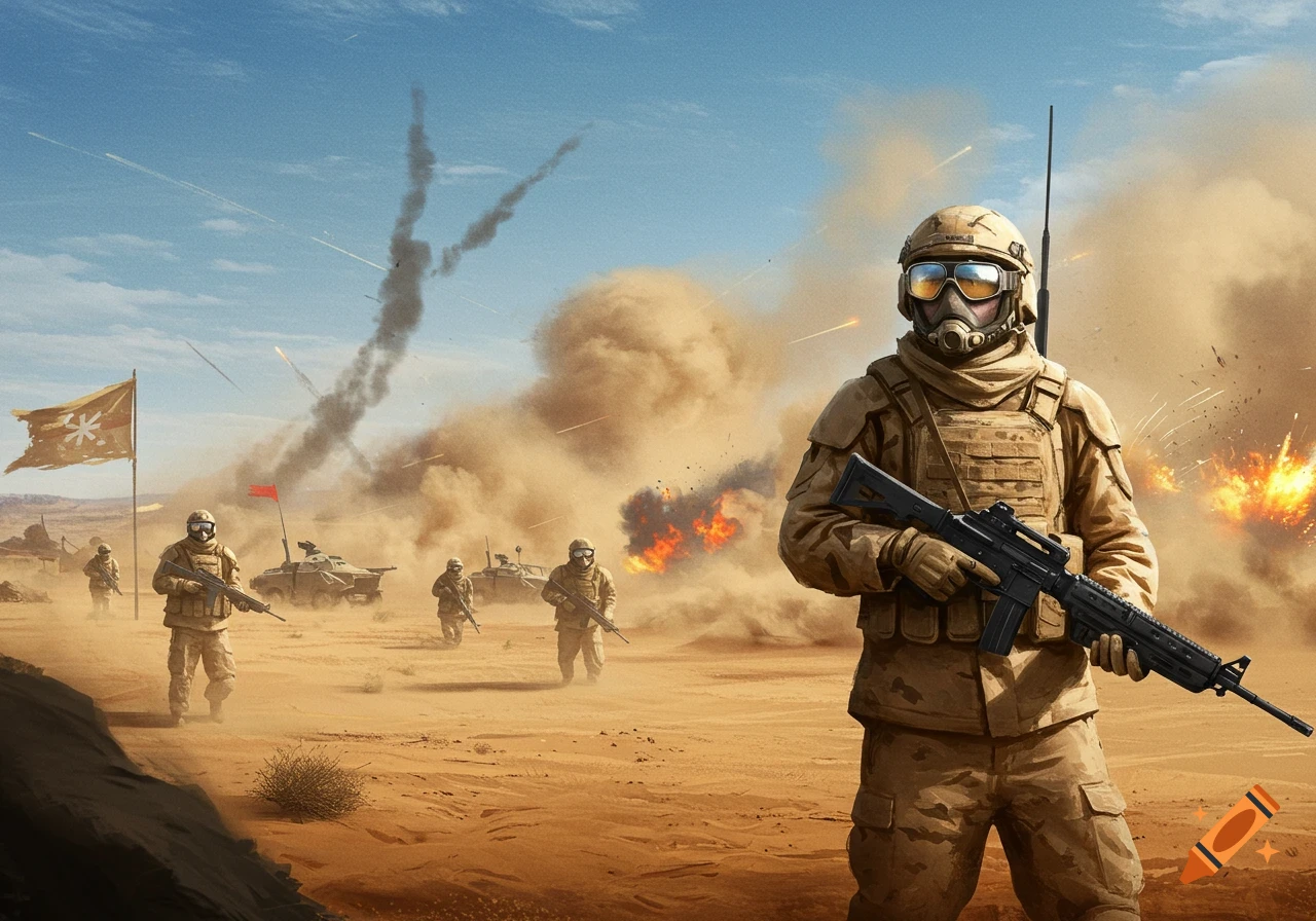 A photorealistic troop of soldiers in desert camouflage marching across ...
