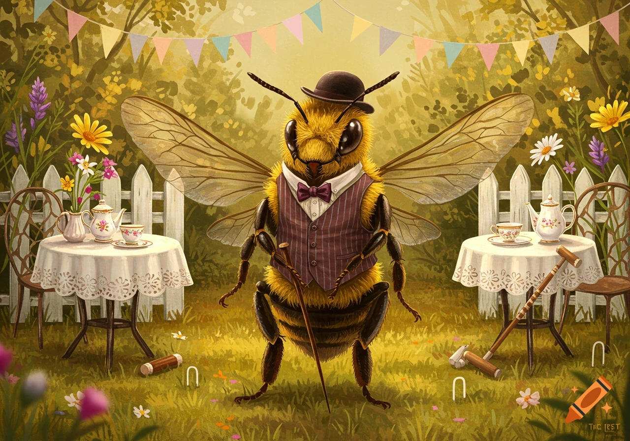 A dapper bee in a suit and bowler hat holding a cane, stands in a sunny ...