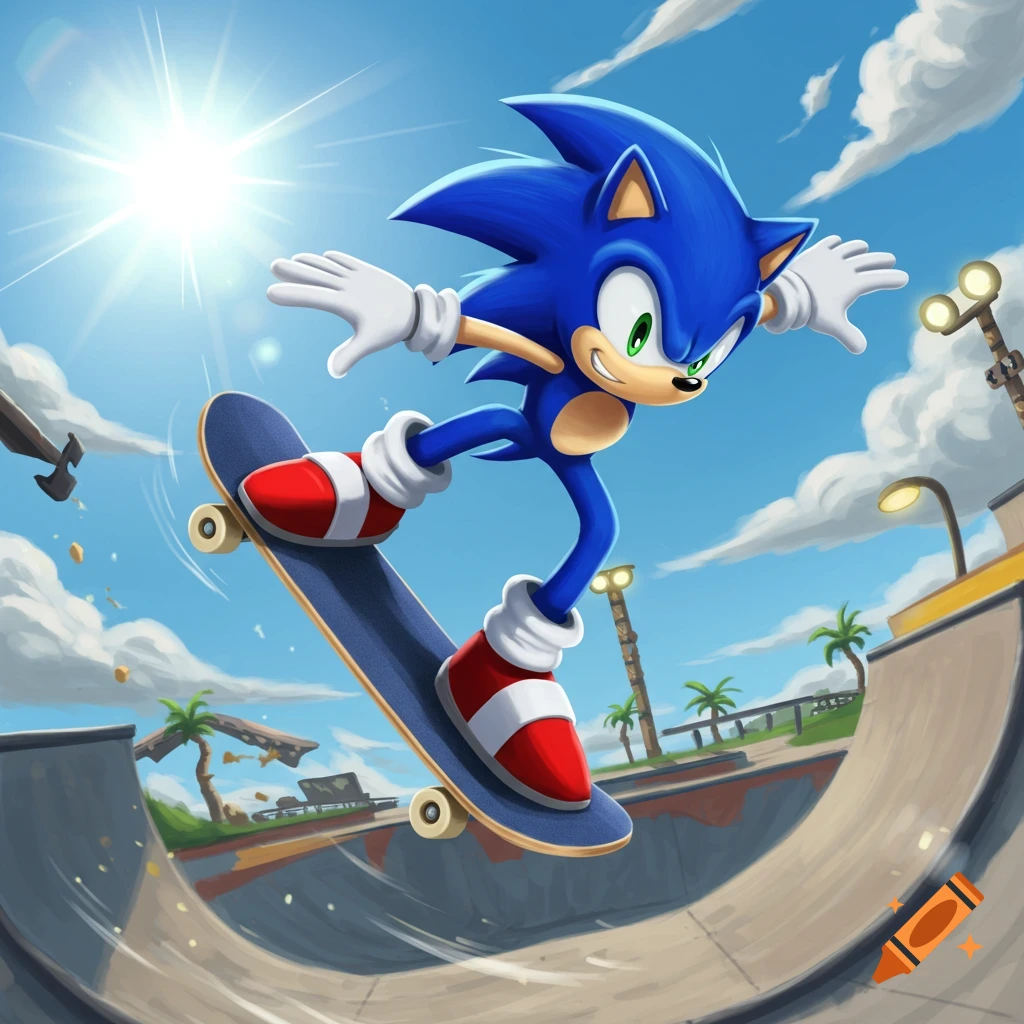 Sonic the Hedgehog performing a mid-air skateboard trick in a sunny ...