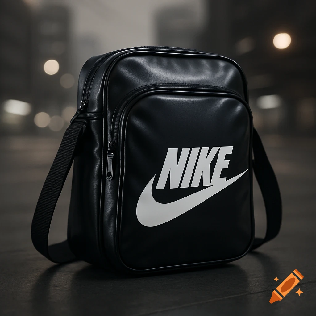 A black Nike shoulder bag with a white Nike logo and swoosh, resting on ...