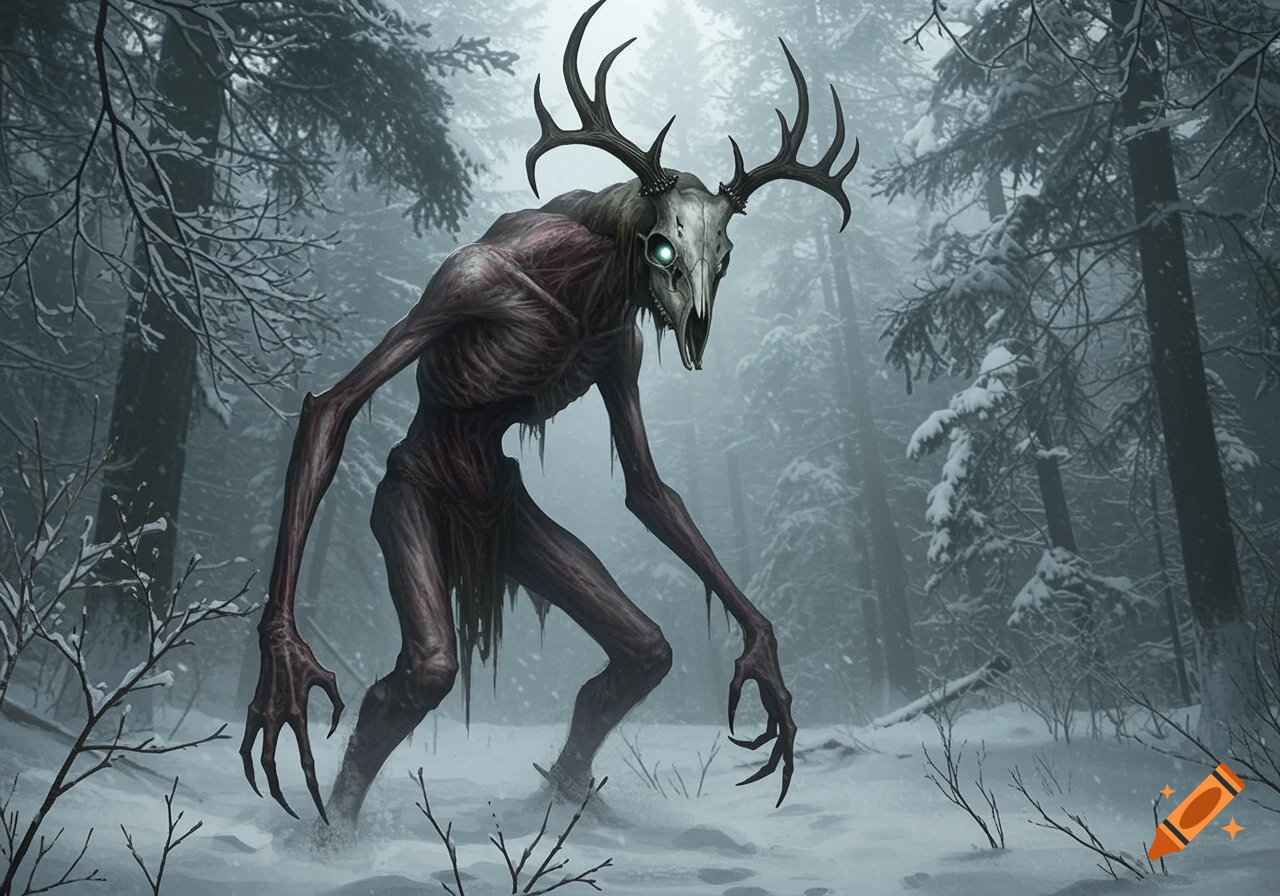 A deer skull with large antlers and spider legs rests on mossy forest ...