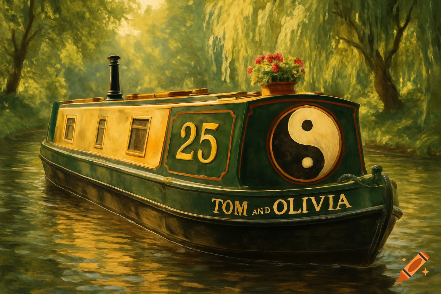 A painted canal boat, green and yellow with '25' and 'TOM and OLIVIA ...