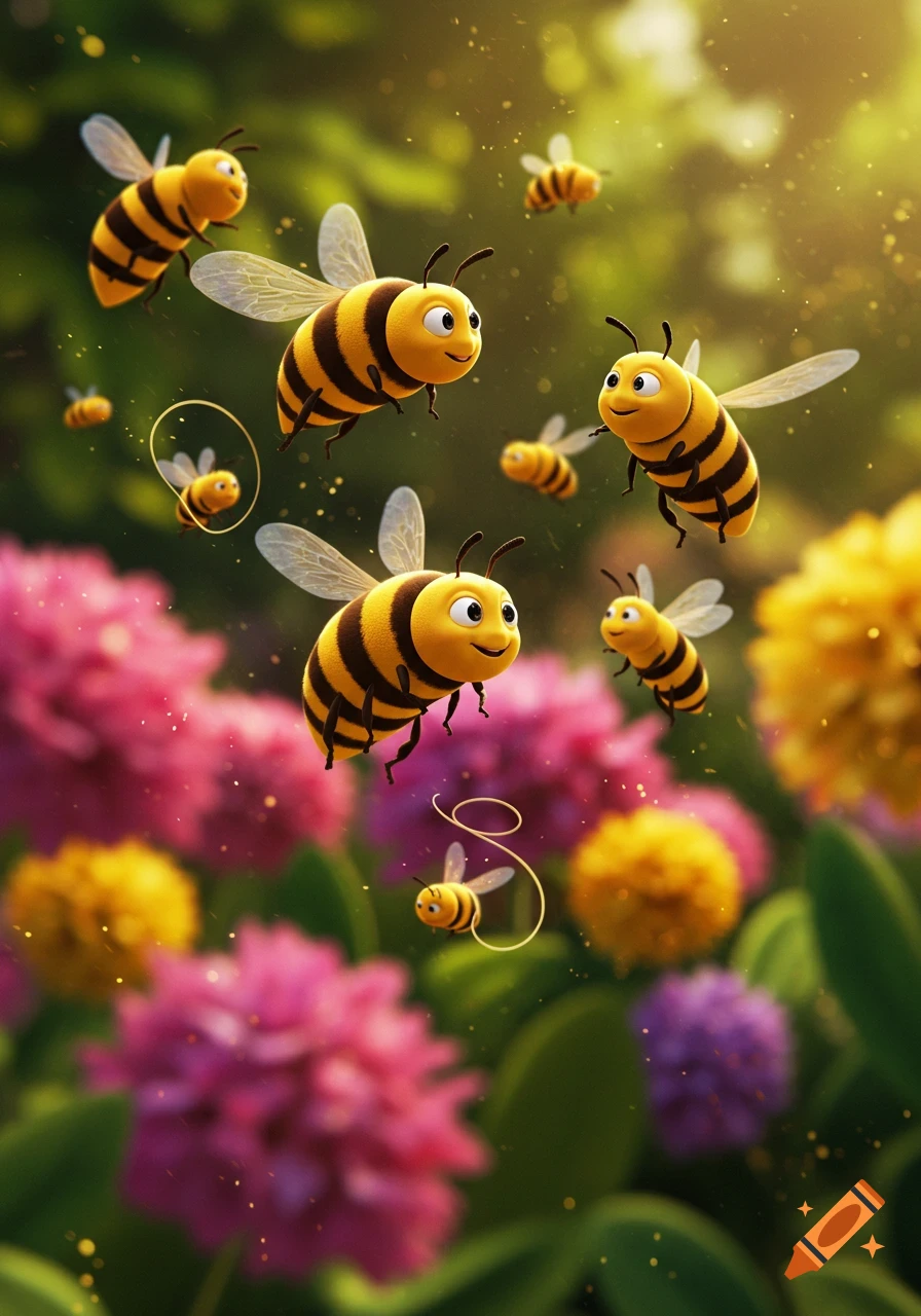 Happy cartoon bees fly playfully among vibrant pink and yellow flowers ...