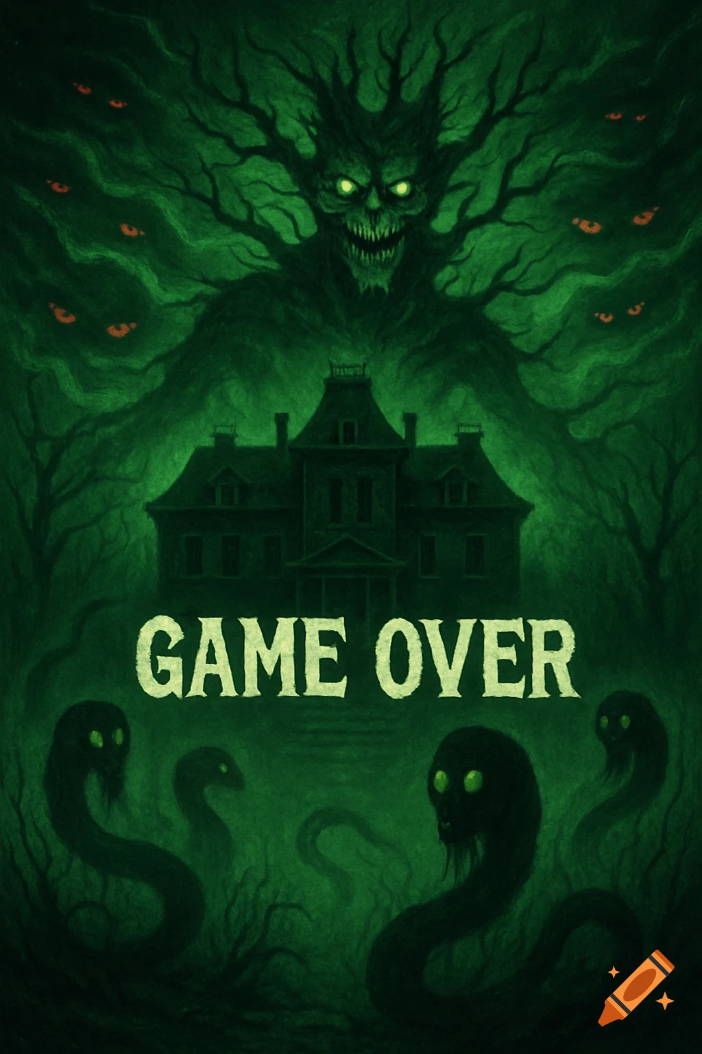 A horror illustration of a green-lit haunted mansion with a towering ...