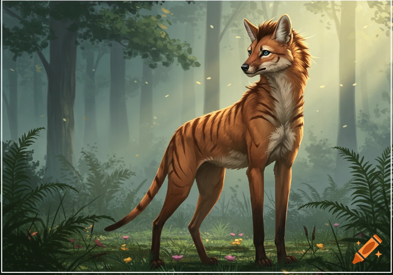 A detailed illustration of a gray wolf-like creature with green hair ...