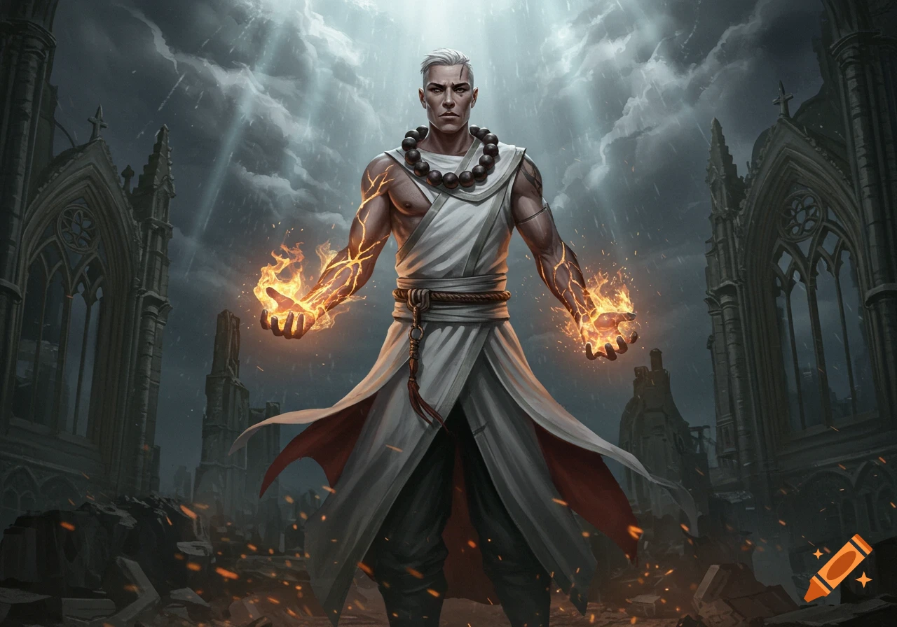 A bald male fantasy monk with blue eyes stands in a vine-covered gothic ...