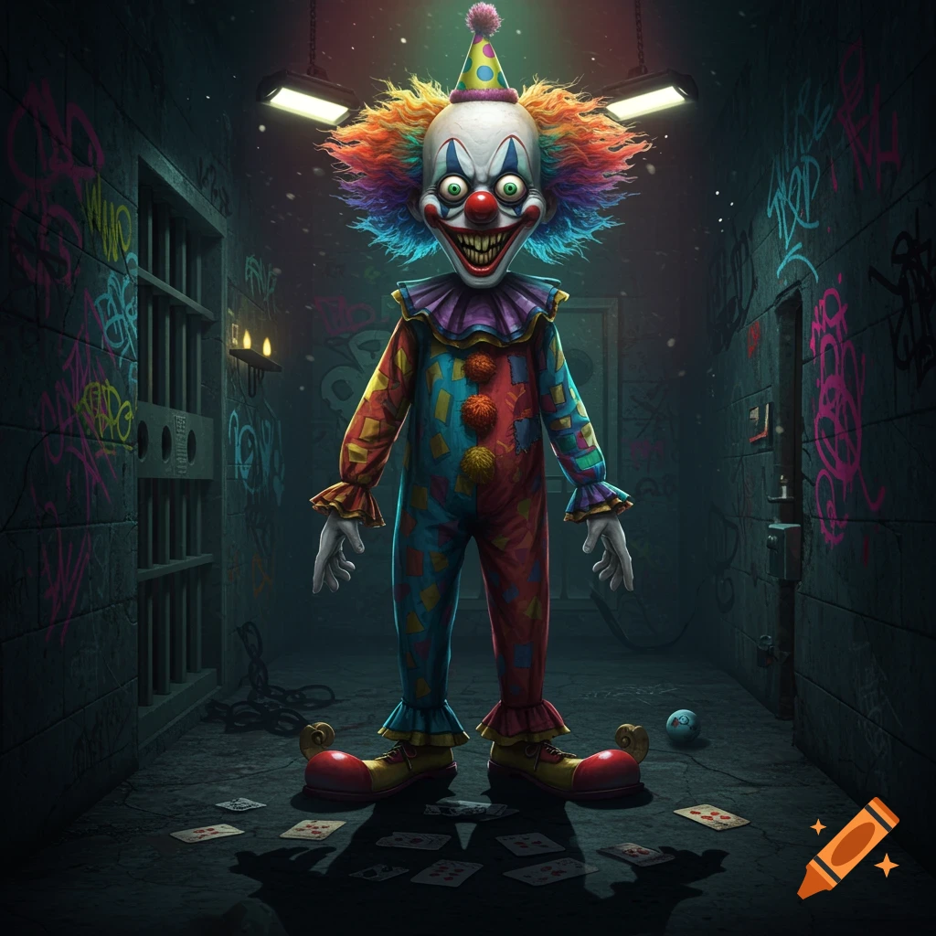 Surreal dark circus painting with clowns on stage on Craiyon