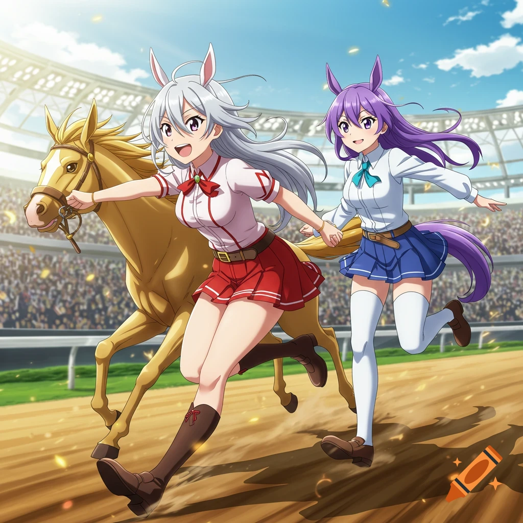 Two anime girls with horse ears and tails, one white-haired and one ...