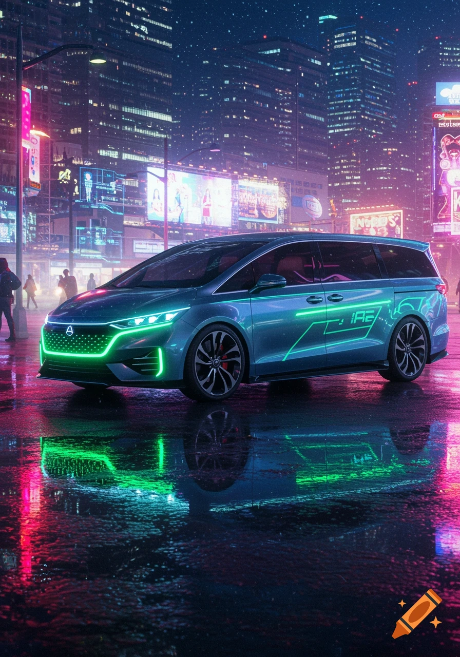 A futuristic purple car with glowing blue accents drives through a ...