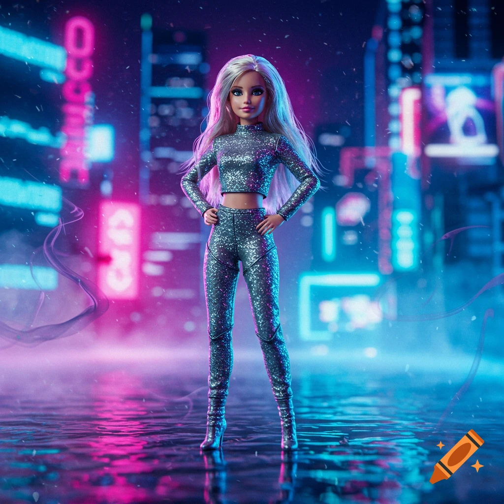 Pen drawing of Barbie in a shimmering jumpsuit, radiating pink light ...