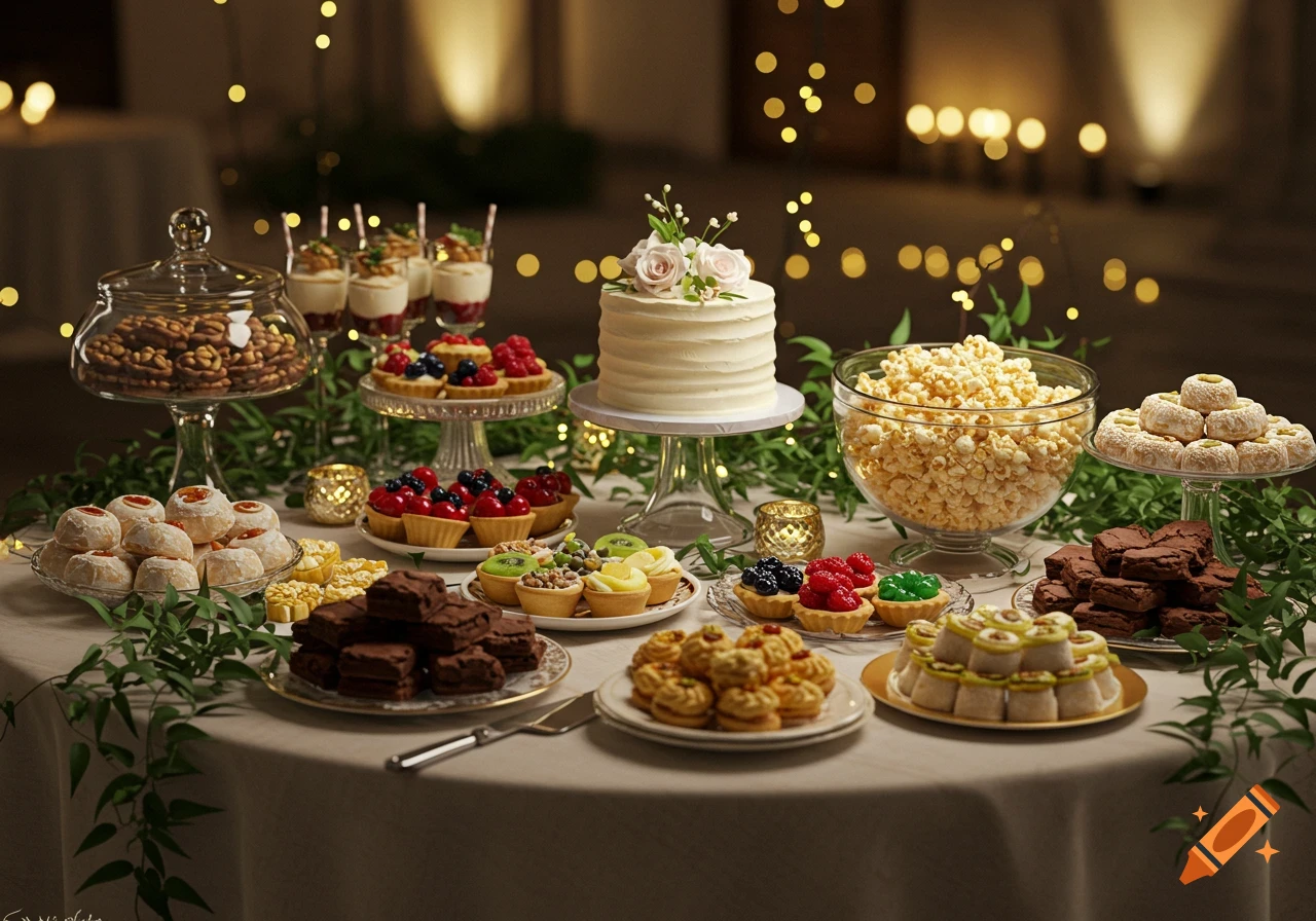 A photorealistic image of a lavish dessert table laden with cakes ...