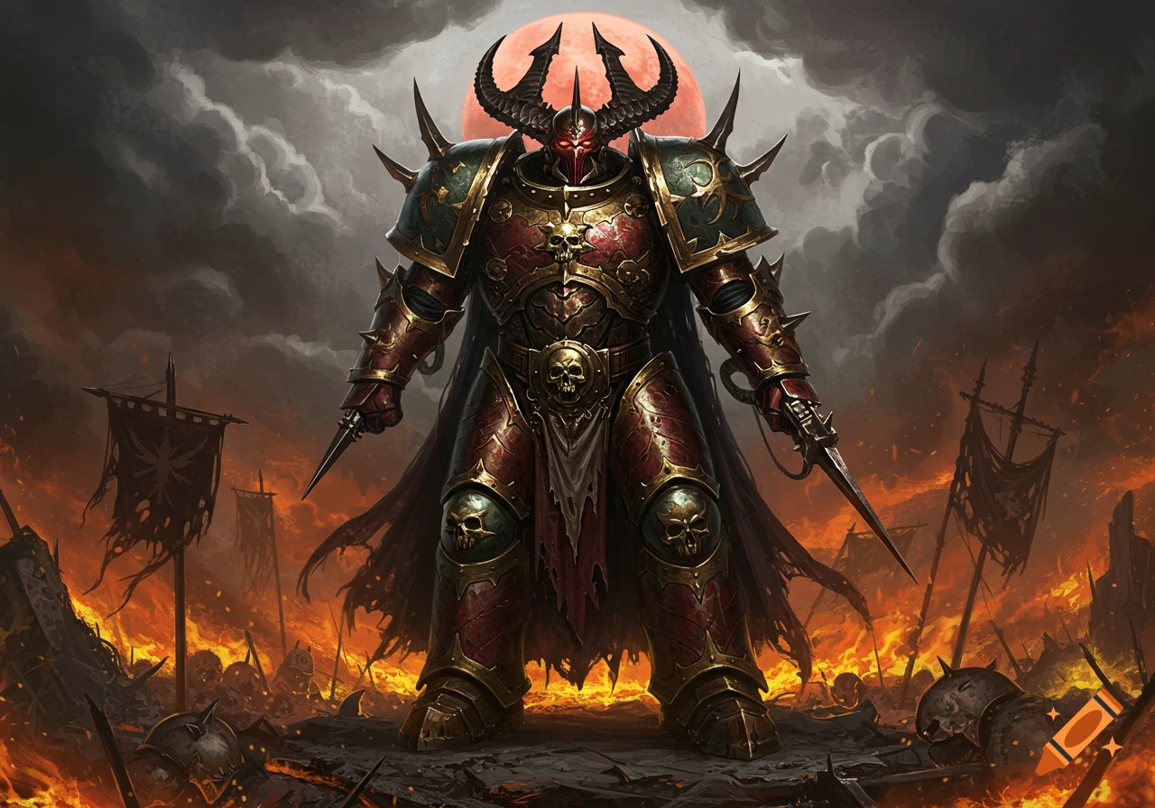 A powerful warrior in green and gold power armor with a glowing sword ...