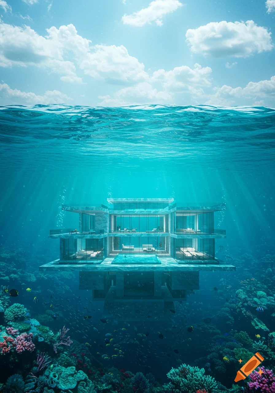 A futuristic modern mansion partially submerged in clear blue ocean ...