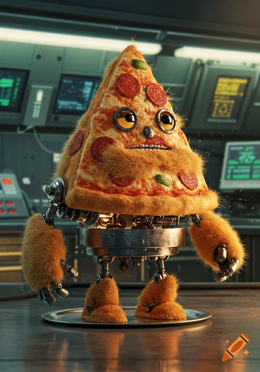 A whimsical photorealistic robot pizza slice with fur patches and mechanical limbs stands on a ...