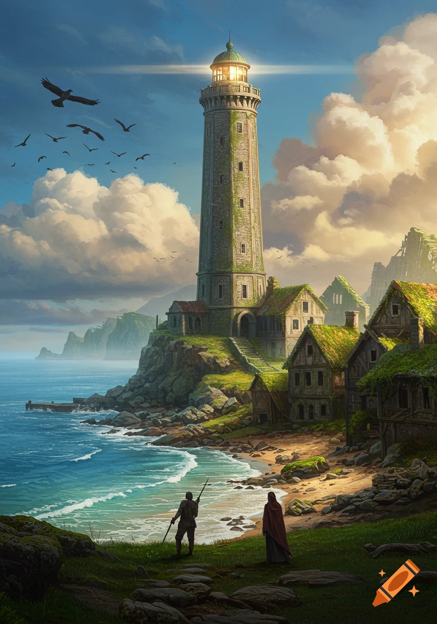 Digital painting of a grand stone building on a grassy cliff by the ...