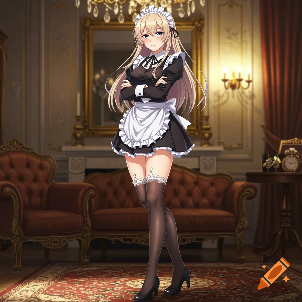 Anime illustration of a young woman in a black maid outfit with white ...