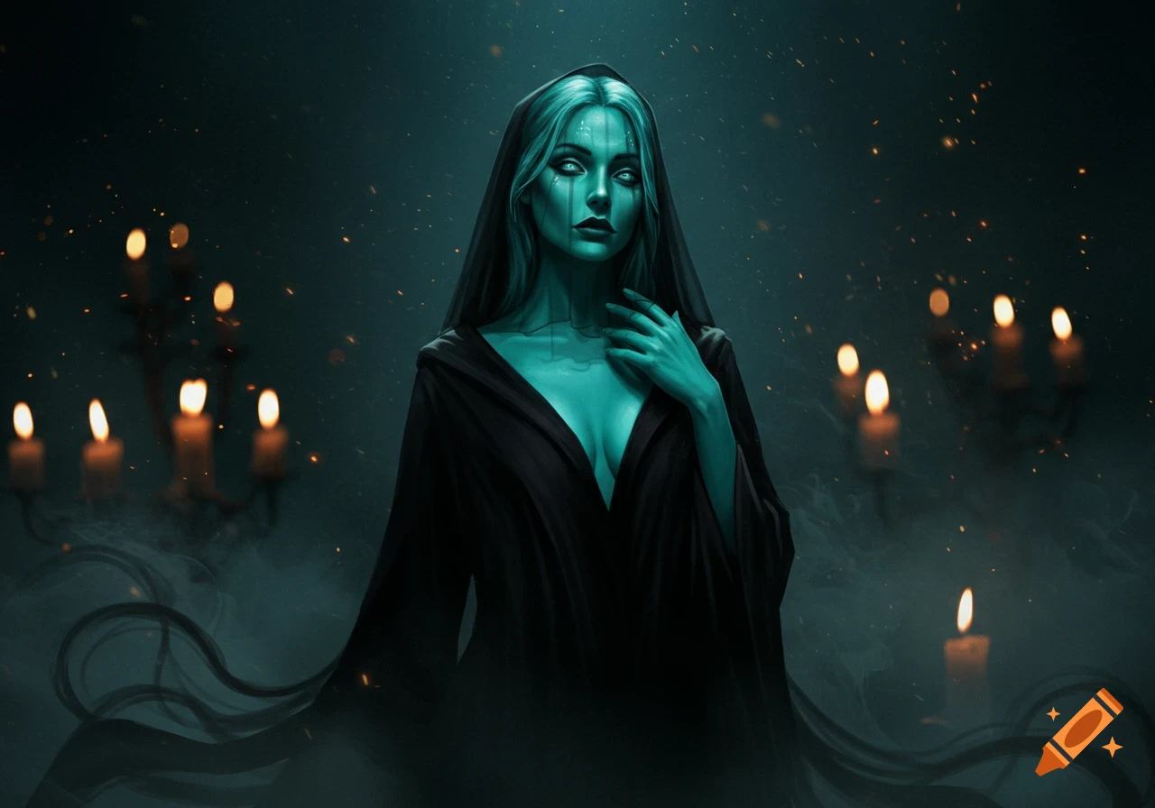 A hooded figure in ornate robes casts green magic before a grand gothic ...