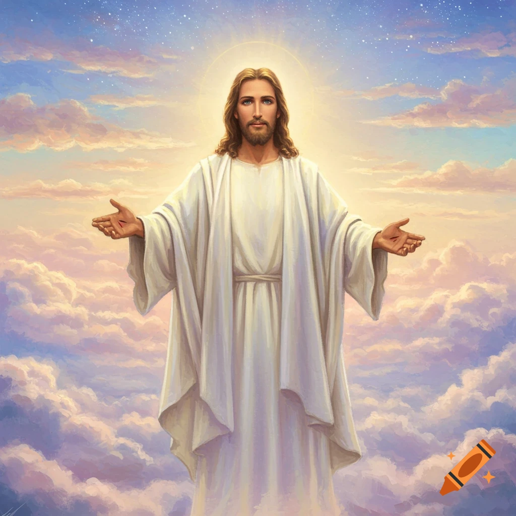 Jesus with long hair and a beard, wearing a white robe, stands with arms outstretched amidst a ...