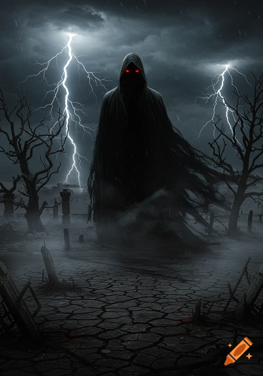 A dark hooded mage with glowing blue eyes stands in a desolate, fiery ...