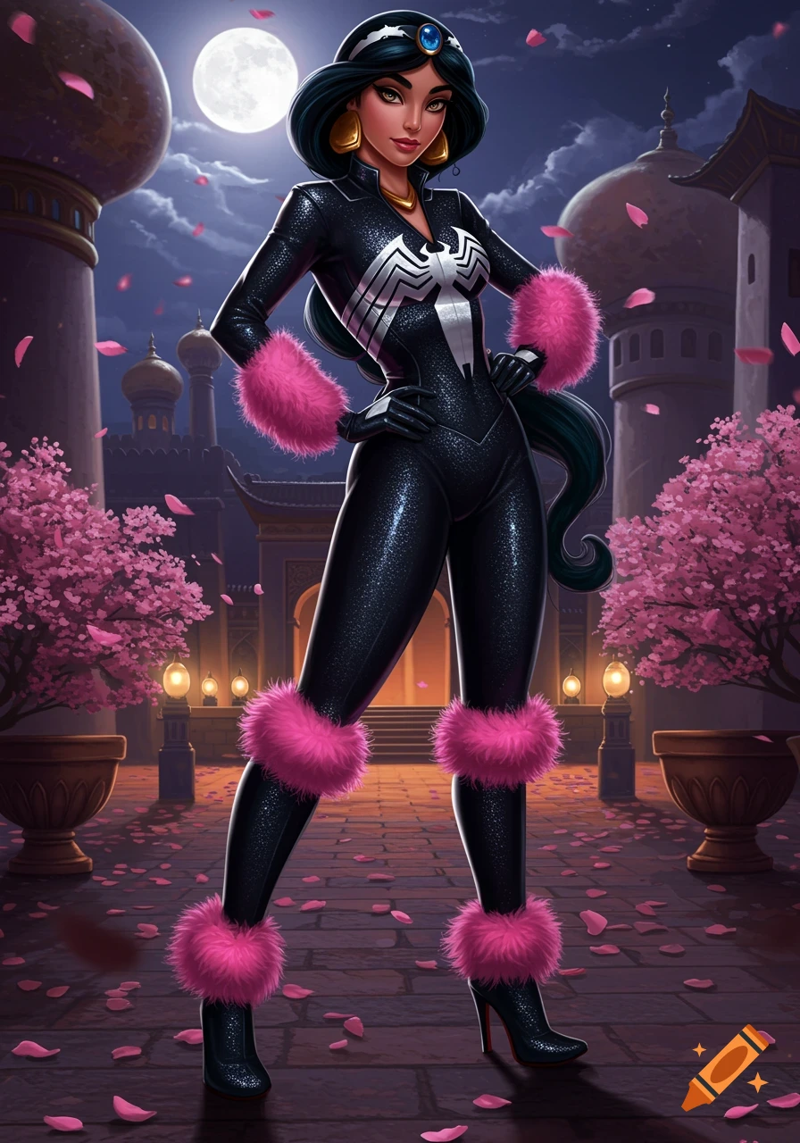Princess Jasmine in a black Venom suit with hot pink fur cuffs and ...