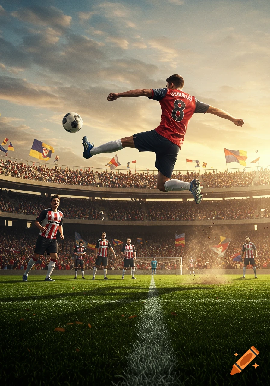 A soccer player in a red jersey performs a bicycle kick, striking a ...