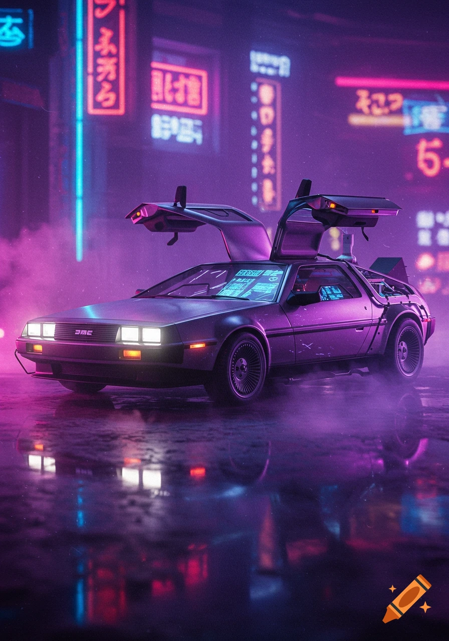 A photorealistic image of a silver DeLorean car on fire, crushed by a ...