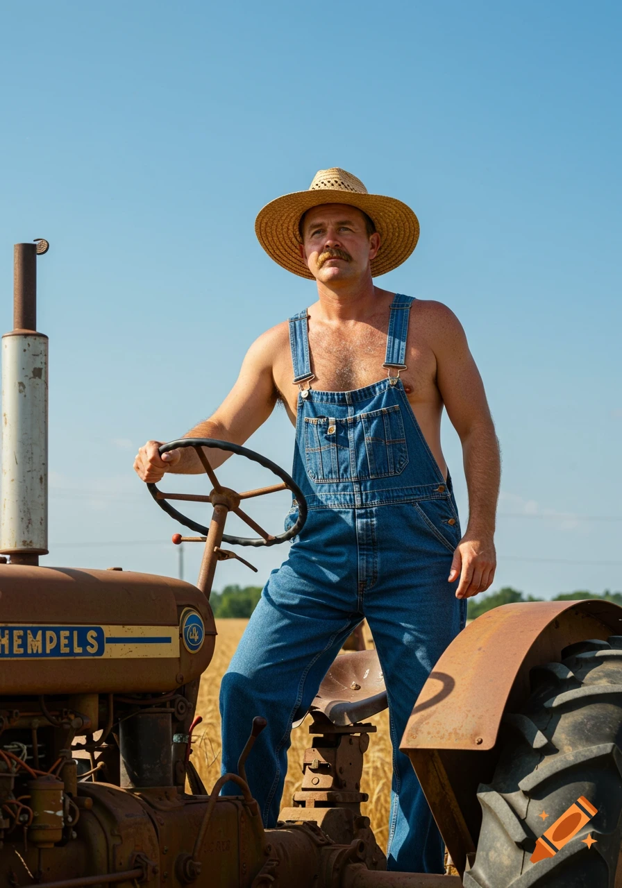 A shirtless man in overalls and a straw hat stands on an old tractor in ...