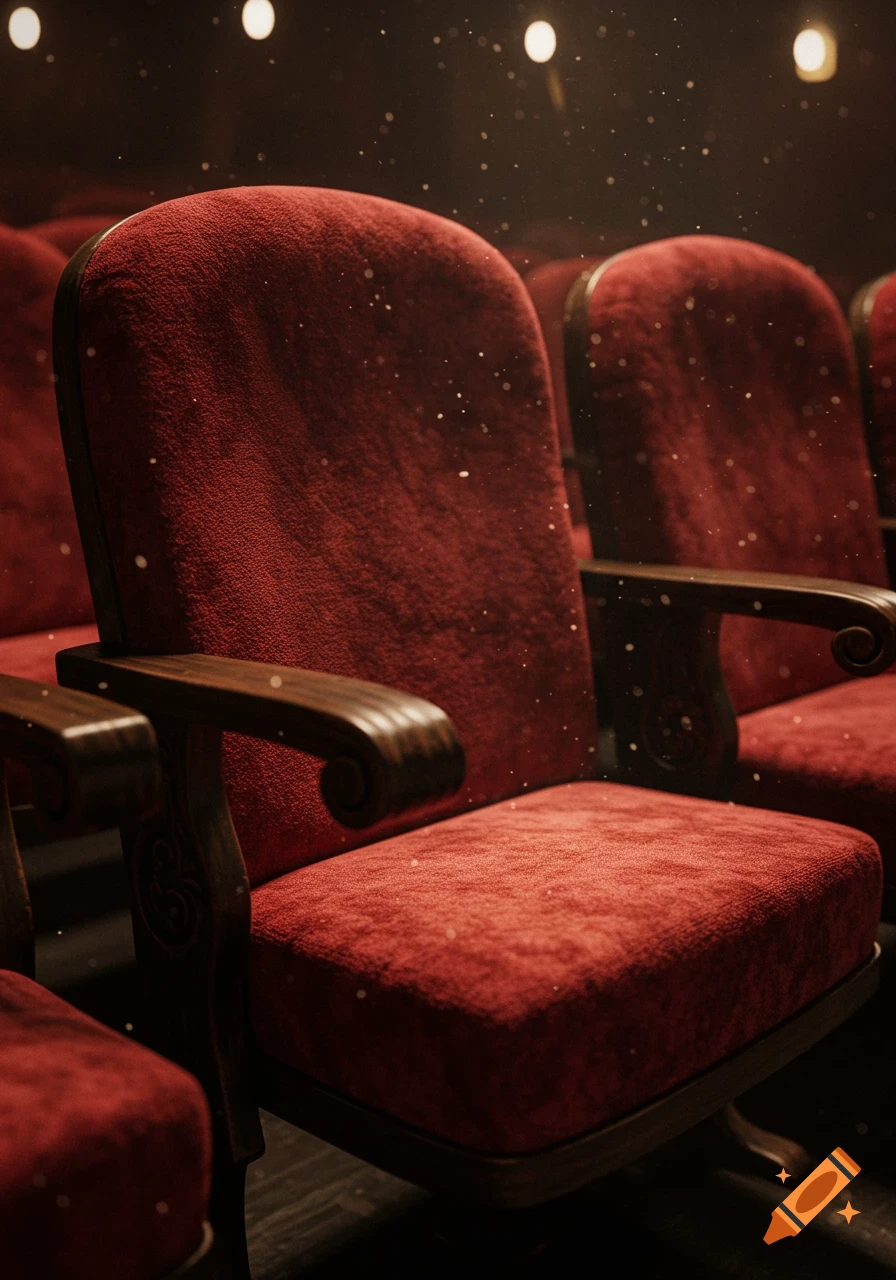Close-up of empty red velvet theater seats with wooden armrests ...