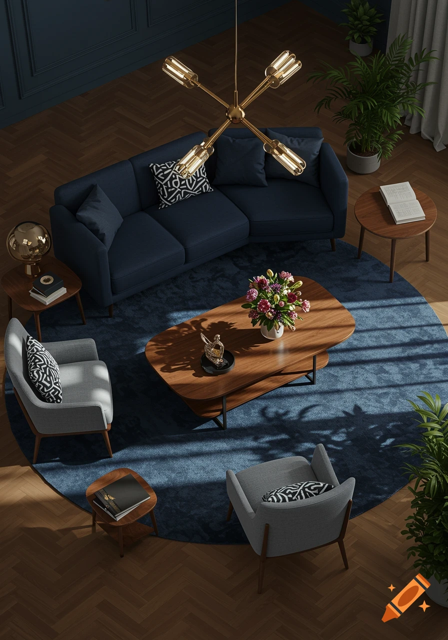 A top-down view of a modern living room with a navy blue sofa and rug ...