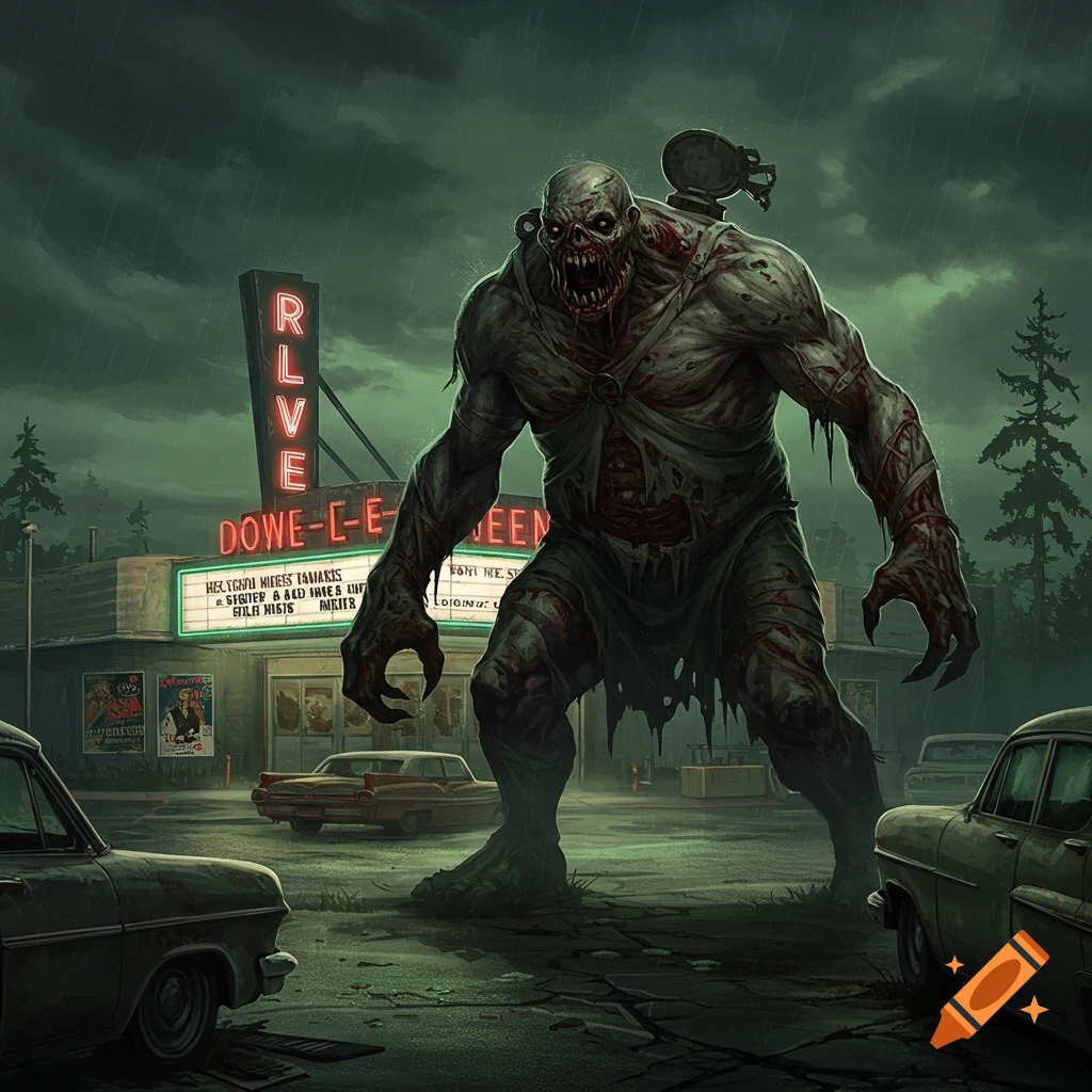 A large, grotesque zombie-like monster stands in the rain in front of a ...