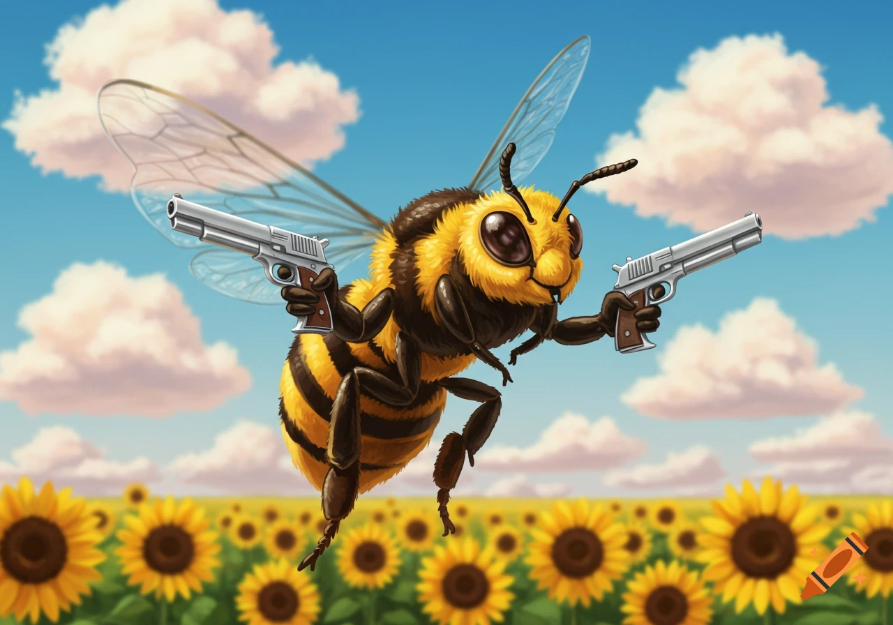 A cartoon wasp wearing sunglasses drives a red and white speedboat ...