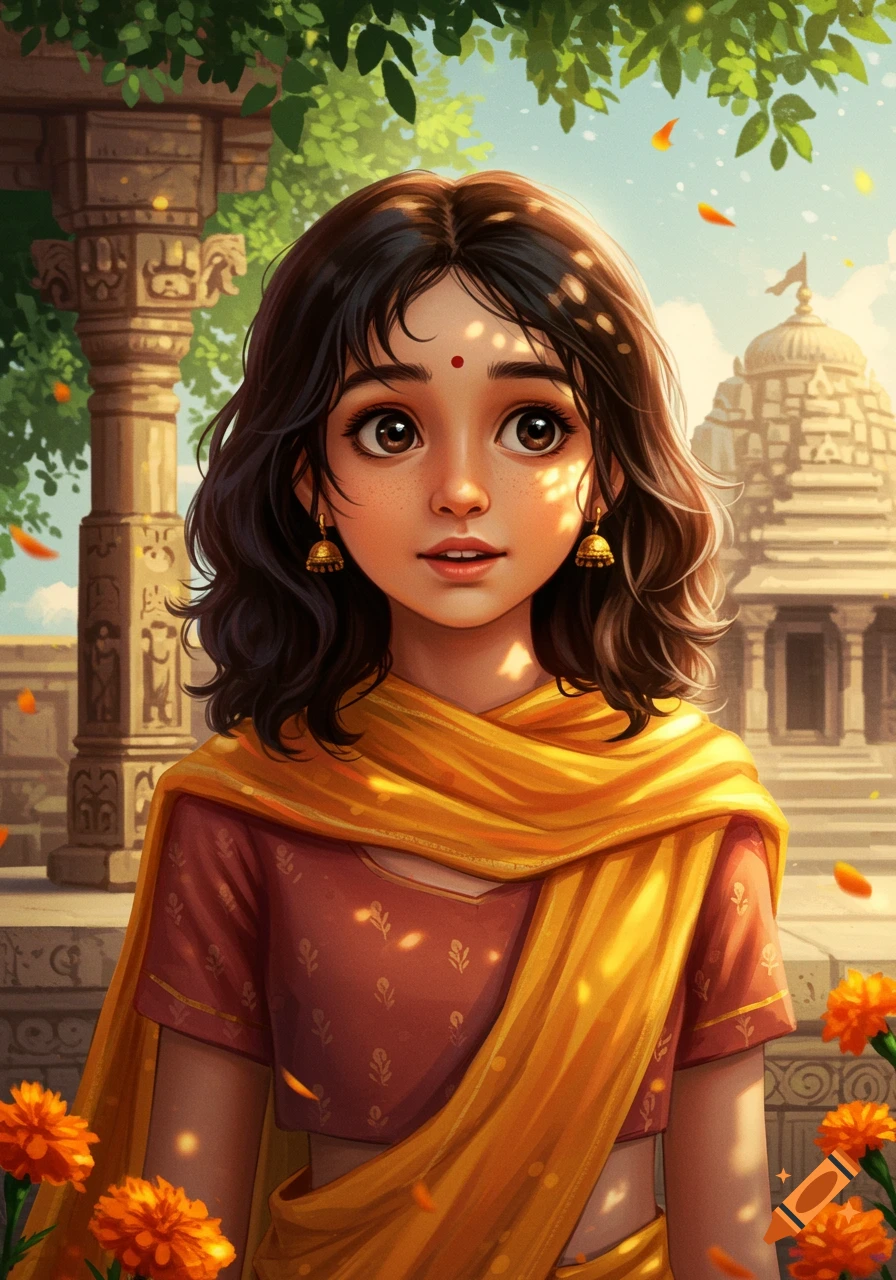 Two young Indian girls in traditional attire walk on a sidewalk in a ...