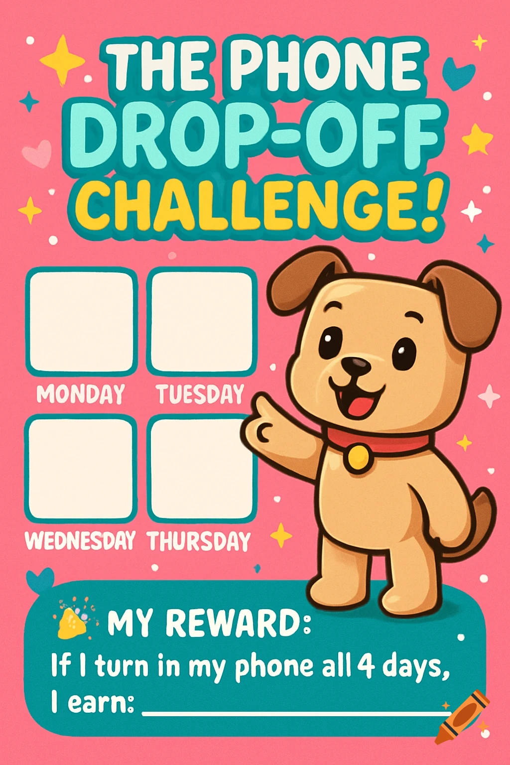 A colorful, kid-friendly goal chart titled "The Phone Drop-Off ...