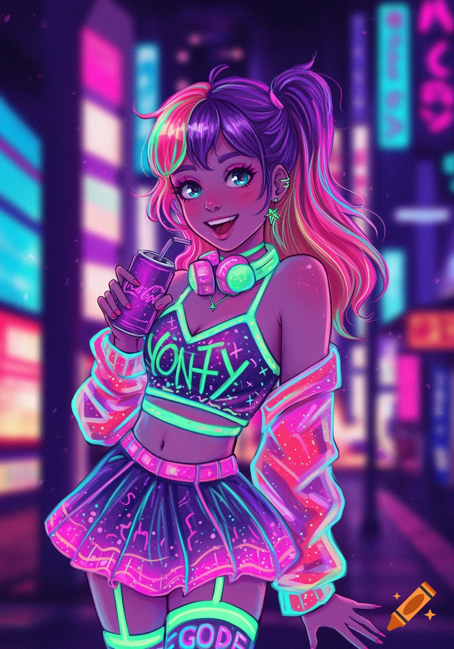 Close-up of two dark-skinned anime girls with green hair and sparkling ...