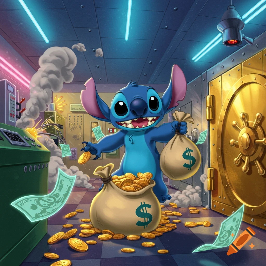 A mischievous blue alien creature, Stitch, stands amidst a pile of gold coins and money bags ...