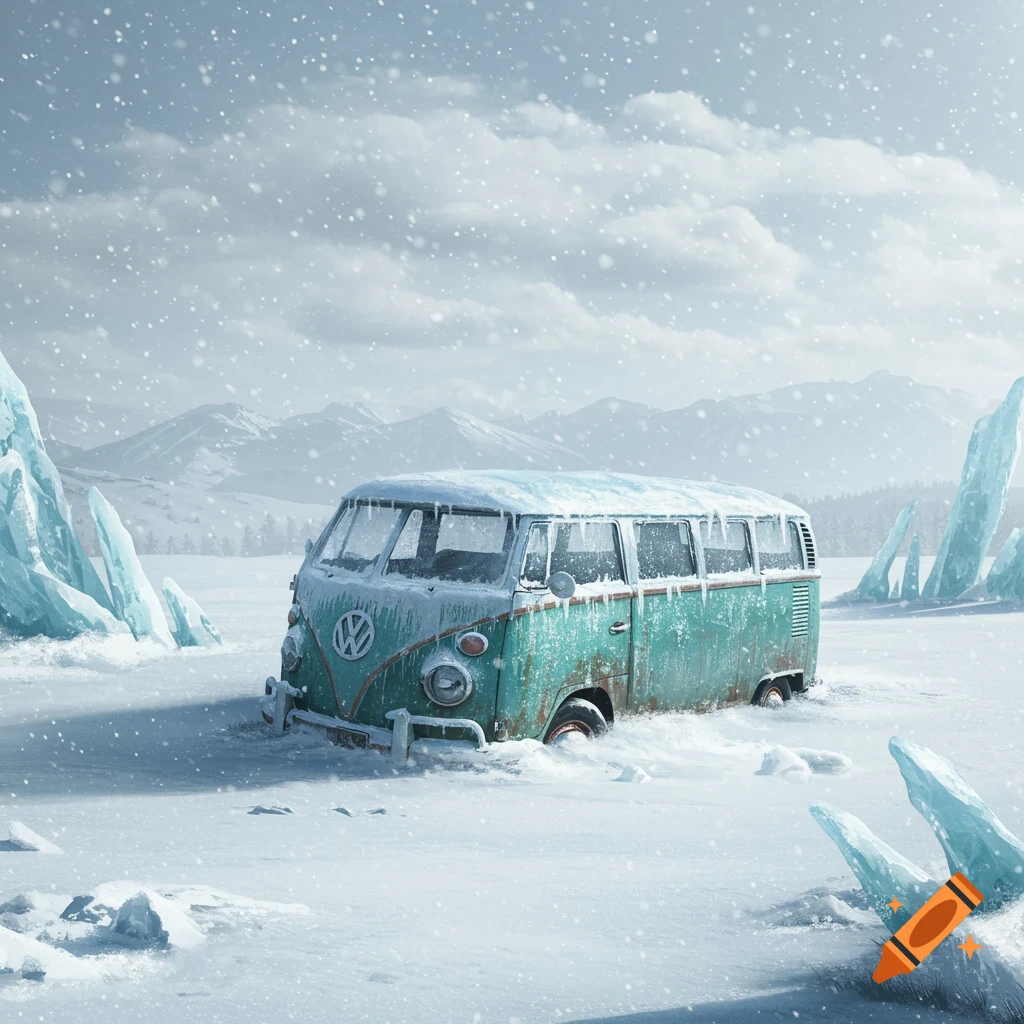 An old, rusted green Volkswagen bus sits partially buried in deep snow ...