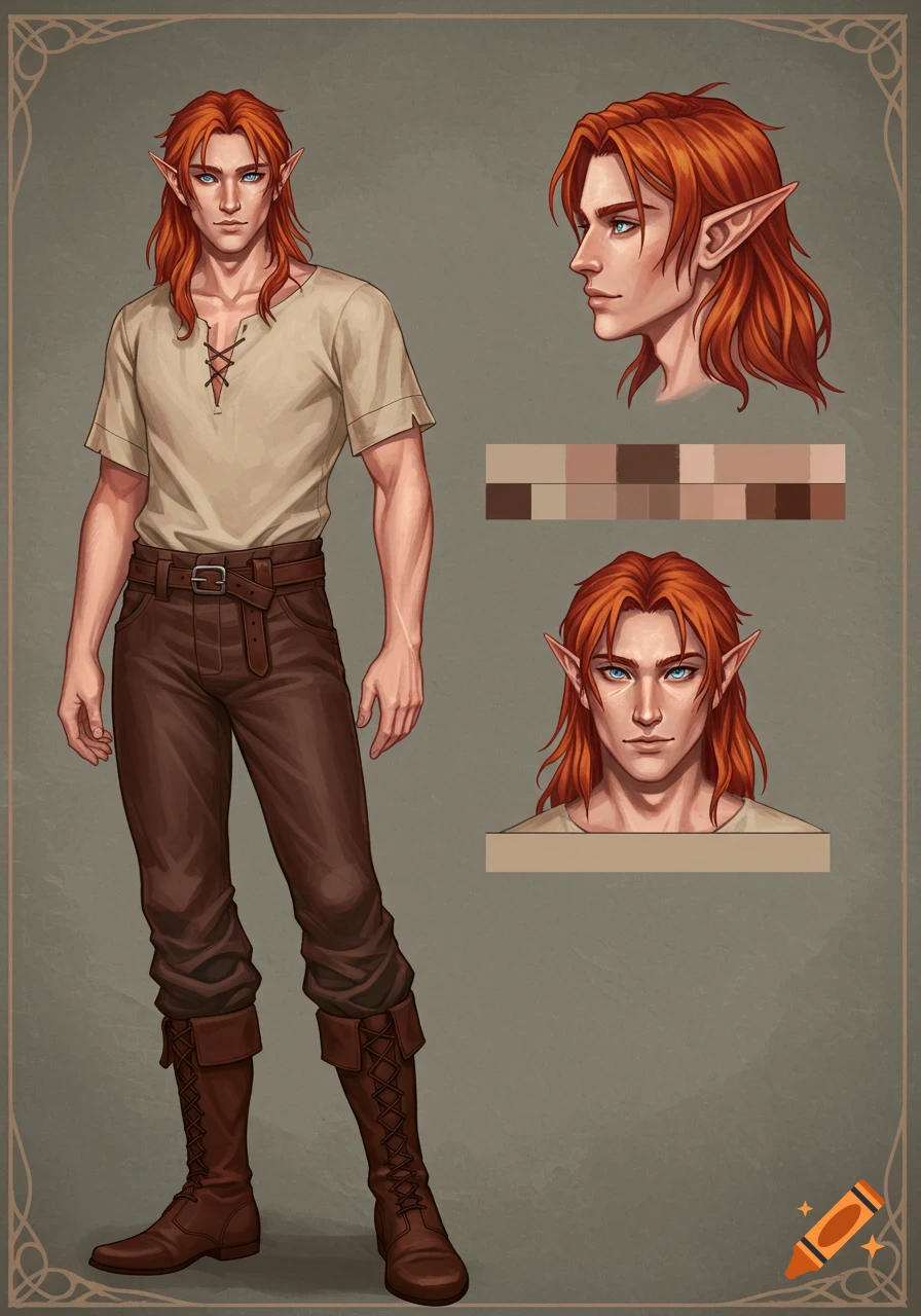 Illustrated character sheet of a lean man with dark curly hair, red ...