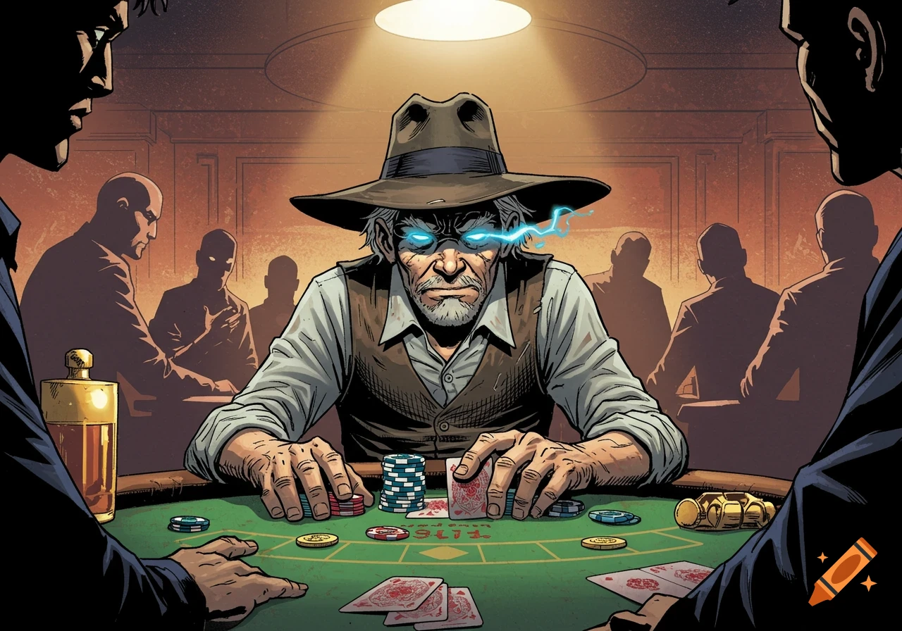 An intense old man with glowing blue eyes plays poker, surrounded by ...
