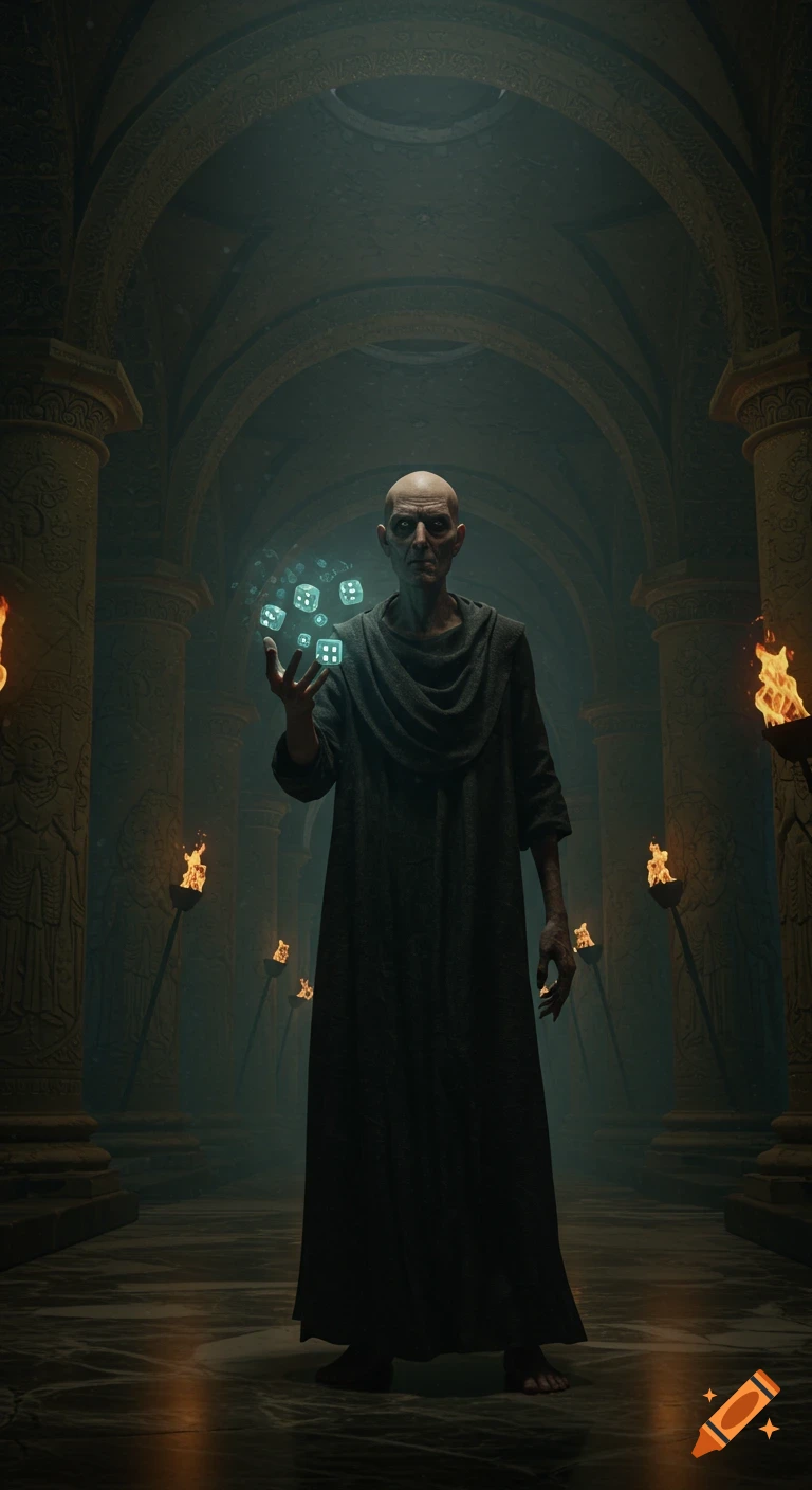 Two men in dark robes stand in a burning temple, engulfed by flames and ...