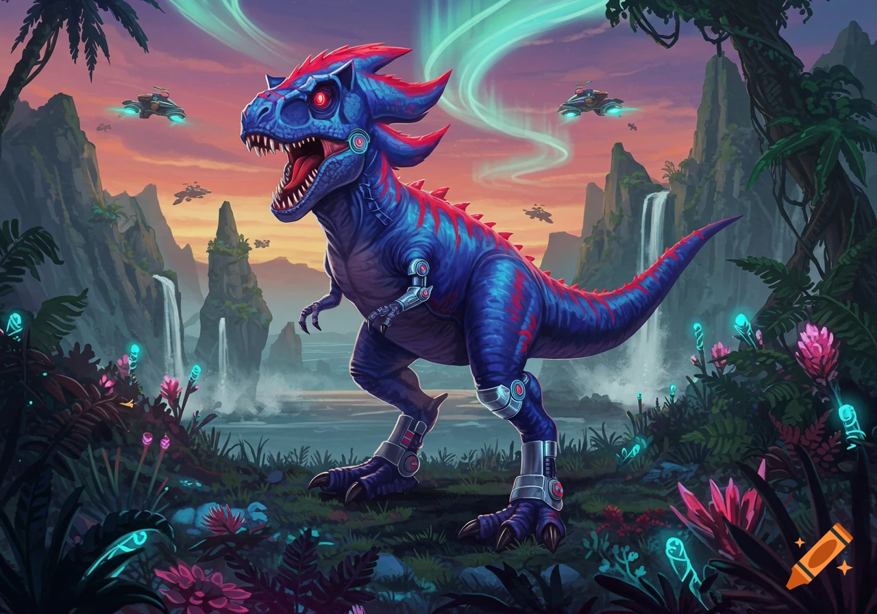 A vibrant blue T-Rex with red accents and robotic limbs stands in a ...