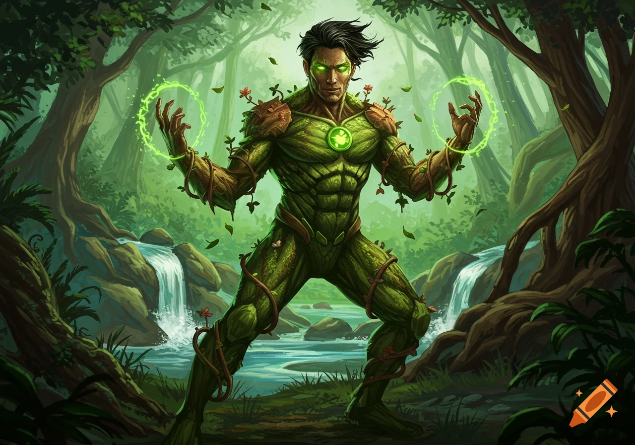 A powerful male superhero, EcoGuard, with green skin and bark-like texture, stands in a lush ...