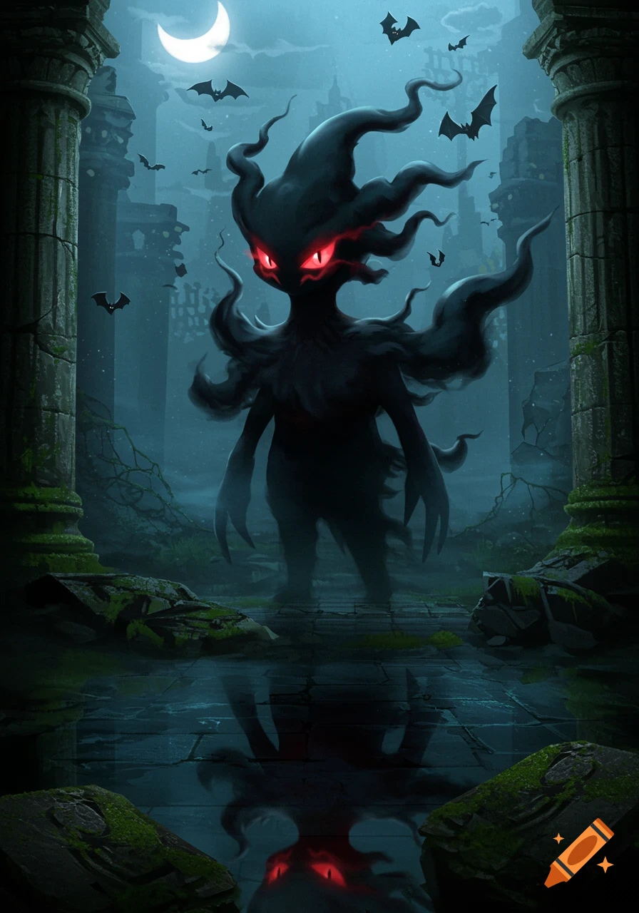 A dark, shadowy creature with glowing red eyes stands in moonlit ruins ...